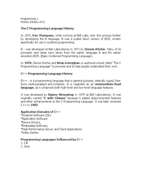 Programming 1 Prelims History Of C Pdf C Computer Programming