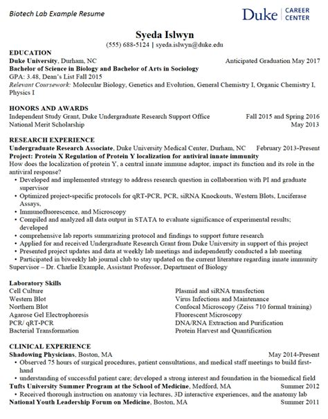 Undergraduate Resume Examples Career Hub Duke University