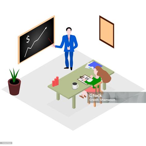 사업가 그려서 칠판에 회사의 발전 전략의 차트 그녀의 직원에 의해 문서와 테이블에 앉아 관리자에 설명 합니다 벡터 아이소메트리