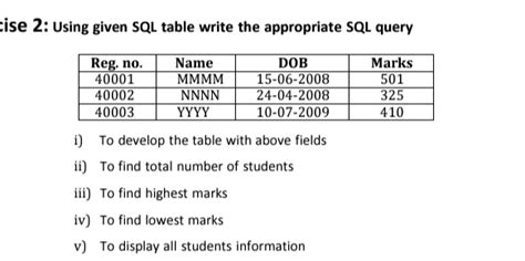 Exercise 2 Using Given Sql Table Write The Appropriate Sql Query Reg No