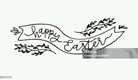 행복 한 부활절 분기와 리본에 필기 레터링 나뭇잎 손으로 그린 붓 펜 서 예 타이포 그래피 검은색에 대한 스톡 벡터 아트 및 기타 이미지 Istock