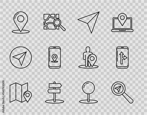 Set Line Folded Map With Location Marker Search Paper Airplane Road