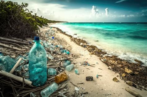 Beach Littered With Plastic Bottles And Other Waste With Clear Blue
