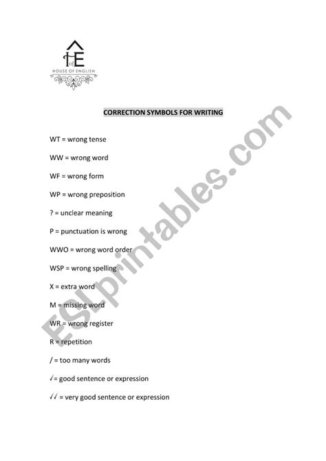 Correction Writing Symbols Esl Worksheet By Gmangela