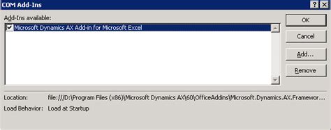 Dynamics AX Tab Missing From Excel Menu Though Dynamics AX Office Add Ins Installed