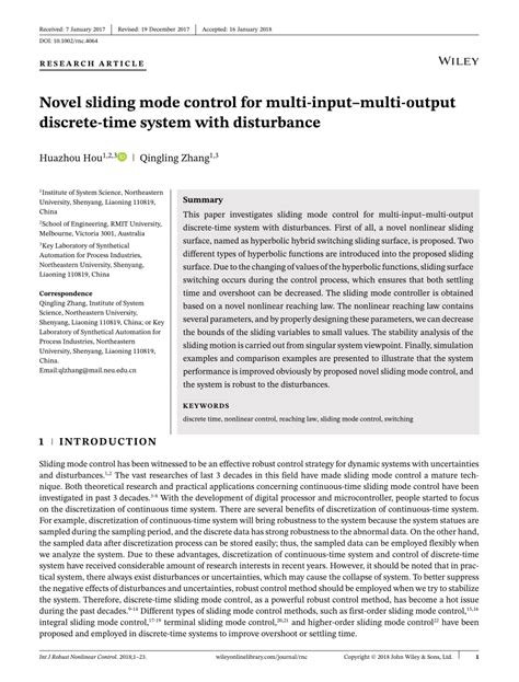 Pdf Novel Sliding Mode Control For Multi Input Multi Output Discrete