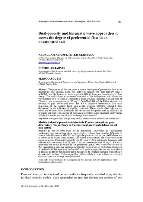 Pdf Dual Porosity And Kinematic Wave Approaches To Assess The Degree