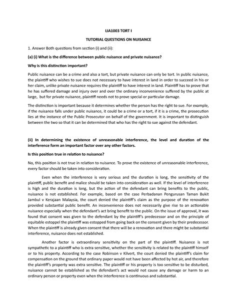 Tort Tutorial Nuisance LIA1003 TORT I TUTORIAL QUESTIONS ON NUISANCE Answer Both Questions