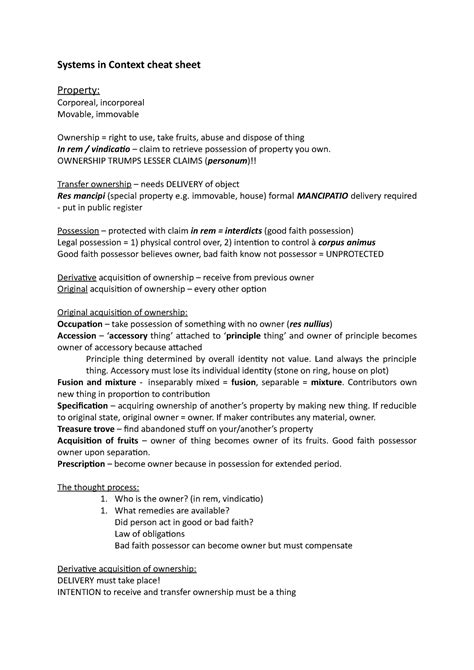 Syscon Sum Notes Systems In Context Cheat Sheet Property Corporeal Incorporeal Movable