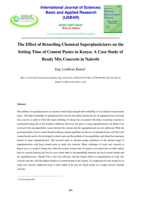 Pdf The Effect Of Retarding Chemical Superplasticizers On The Setting Time Of Cement Pastes In