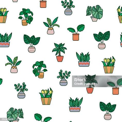 화분에 있는 가정 식물 원활한 패턴 관엽 식물 줄기와 잎이 있는 실내 꽃 손으로 그린 스타일입니다 벡터 그리기 장식품을 디자인하십시오 0명에 대한 스톡 벡터 아트 및 기타