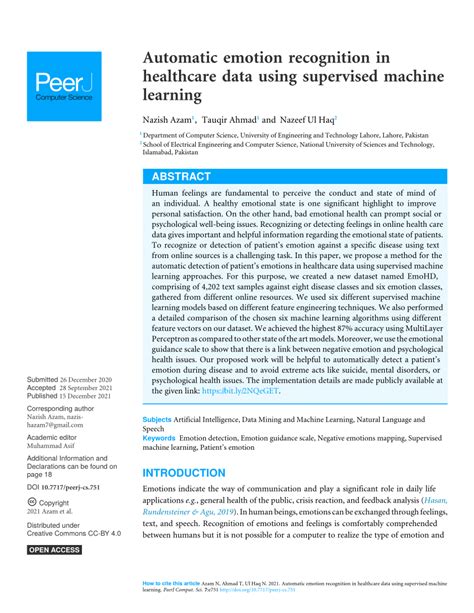 Pdf Automatic Emotion Recognition In Healthcare Data Using Supervised Machine Learning