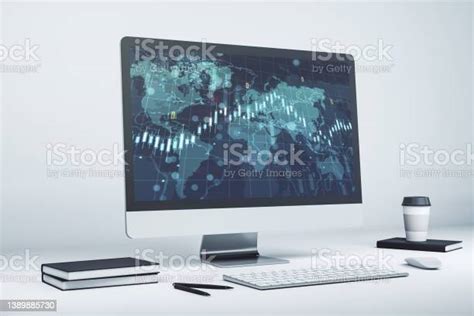 세계지도 연구 및 분석 개념과 추상적 인 창조적 인 금융 차트와 현대 컴퓨터 화면 3d 렌더링 0명에 대한 스톡 사진 및 기타