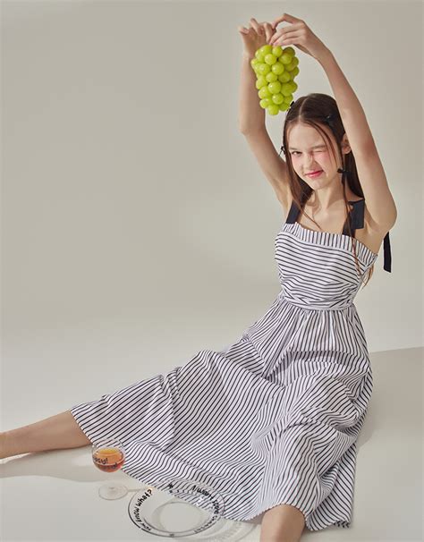 비키니밴더 스트라이프 리본타이 롱원피스