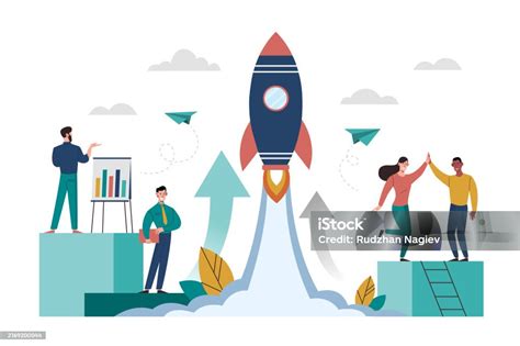 사업 개발 팀 남자와 여자는 거대한 로켓 근처에 있습니다 스타트업 또는 사업 아이디어가 있는 근로자 협업과 협력 파트너십 평면 벡터 일러스트 레이 션 개발에 대한 스톡 벡터