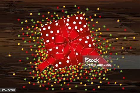 선물 상자 발렌타인의 날 휴일 또는 생일에 활 위에서 볼 수 있습니다 색종이 별의 형태로 여러 가지 빛깔 인사말 카드 또는 나무 배경에 초대 0명에 대한 스톡 벡터 아트 및