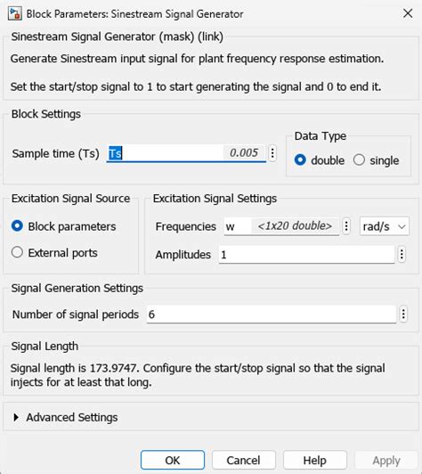 Use Sinestream Signal Generator Block For Offline Frequency Response