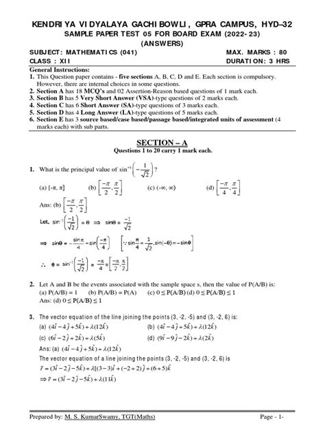 Maths Class Xii Sample Paper Test 05 For Board Exam 2023 Answers Pdf Sphere Mathematical