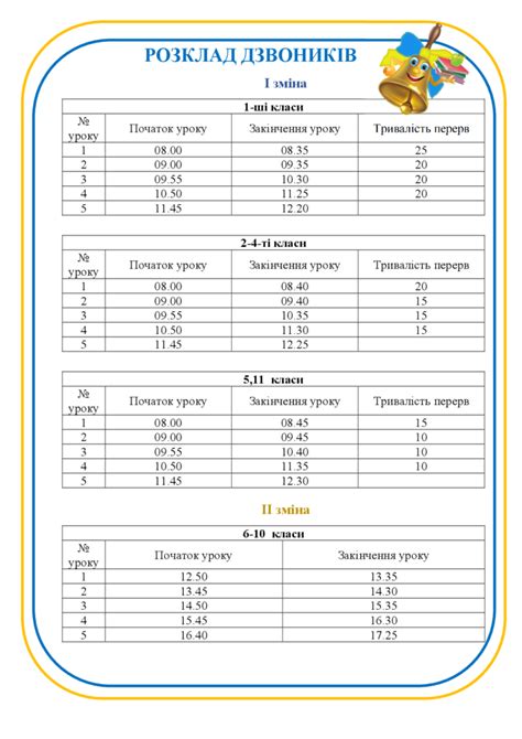 Розклад уроків та дзвінків Ліцей 269