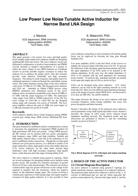 Pdf Low Power Low Noise Tunable Active Inductor For Narrow Band Lna