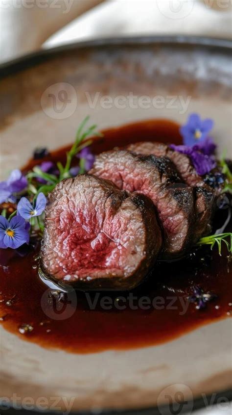 Modern Fine Dining Dish Featuring Premium Beef And Edible Flowers