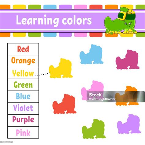 학습 색상 교육 개발 워크시트 사진이 있는 활동 페이지 어린이를위한 게임 재미있는 캐릭터 만화 스타일 벡터 그림입니다 0명에
