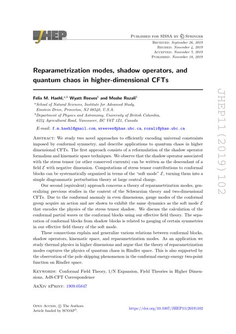 Pdf Reparametrization Modes Shadow Operators And Quantum Chaos In Higher Dimensional Cfts