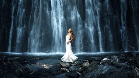 Wallpaper Forest Waterfall Women Outdoors Model Long Hair Rock