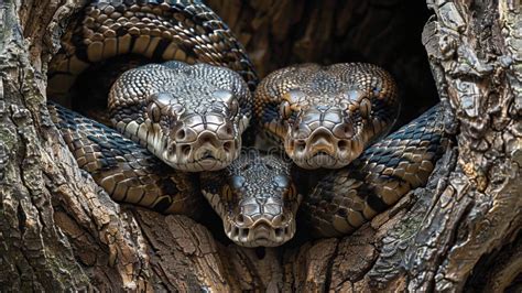 Python Snakes Elegantly Coiled Around Ancient Tree Trunks In The Untamed Wilderness Environment
