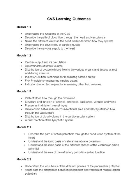 CVS Learning Outcomes CVS Learning Outcomes Module Understand The Functions Of The CVS