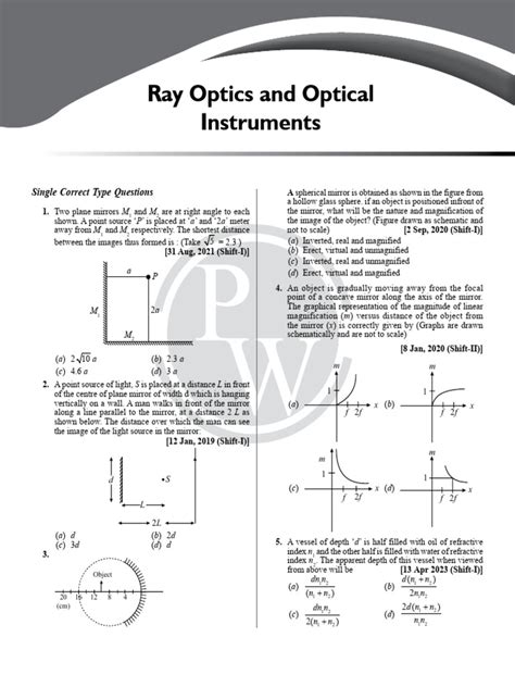 Ray Optics And Optical Instruments Pyq Practice Sheet Physics Pdf Refraction Physical