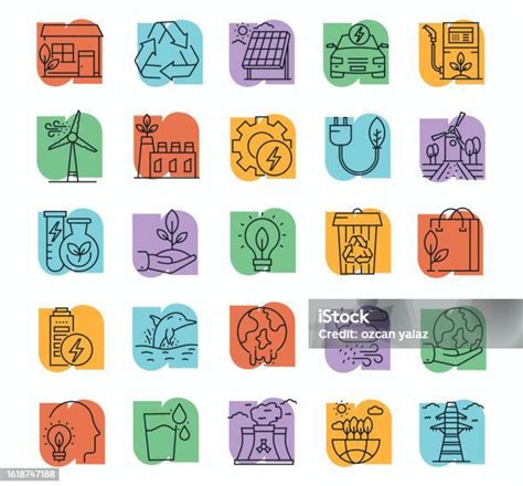 녹색 에너지 라인 아이콘 편집 가능한 스트로크 전기 자동차 재활용 태양 에너지 풍력 에너지 제로 배출 기후 변화에 대한 스톡 벡터 아트 및 기타 이미지 Istock