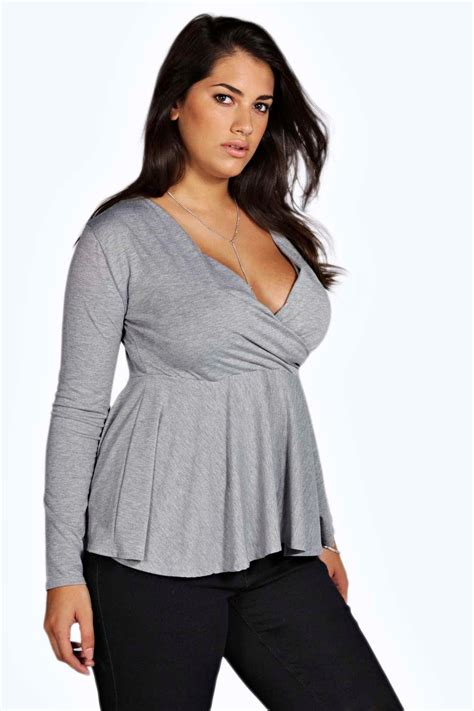 Boohoo Womens Plus Julia Wrap Front Peplum Top Ebay