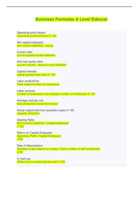 Business Formulas A Level Edexcel Business Formulas A Level Stuvia Us