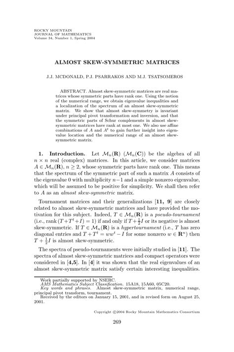 Pdf Almost Skew Symmetric Matrices