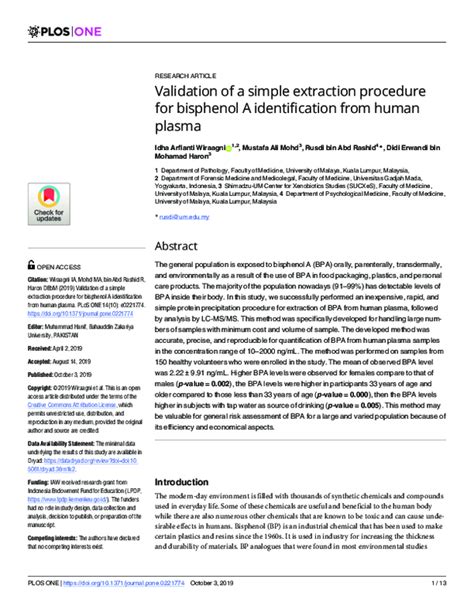 Pdf Validation Of A Simple Extraction Procedure For Bisphenol A Identification From Human Plasma