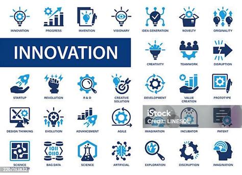 혁신 평면 아이콘 세트입니다 아이디어 창의성 발명 프로토 타입 교육 혁명 시작 전략 진보 발전 비전 아이콘 및 더 많은 기호 플랫 아이콘 컬렉션입니다 Revolution에