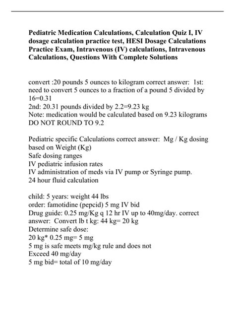 Pediatric Medication Calculations Calculation Quiz I Iv Dosage Calculation Practice Test Hesi