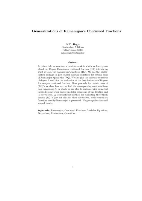 Pdf Generalizations Of Ramanujans Continued Fractions