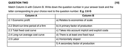 solved question two match column a with column b write down