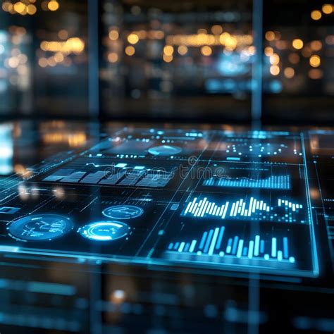 Glowing Blue Digital Interface With Data Visualizations At Night Stock