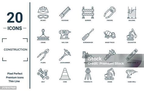 건설 선형 아이콘 세트입니다 얇은 라인 헬멧 크레인 펜치 볼트 핸드 드릴 스크루 드라이버 보고서 프리젠 테이션 다이어그램 웹 디자인을위한 정신 수준 아이콘 포함 0명에 대한