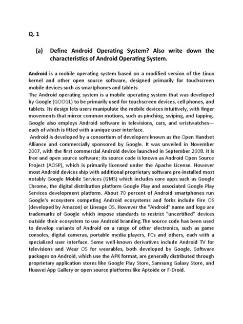 q 1 a define android operating system also write down the characteristics of android