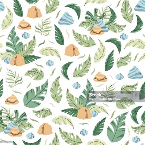 평평한 스타일의 열대 잎이 있는 완벽 한 패턴 야자수 잎 돌 및 가지와 끝없는 질감 직물 벽지 포장지 Scrapbooking 등등을 위한 식물 배경 0명에 대한 스톡 벡터