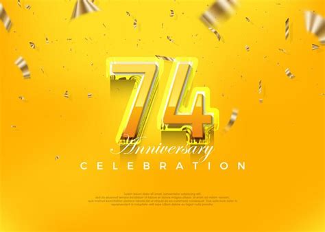현대적인 노란색 3d 숫자를 사용한 프리미엄 74주년 축하 디자인 인사말 및 축하를 위한 프리미엄 벡터 배경 프리미엄 벡터