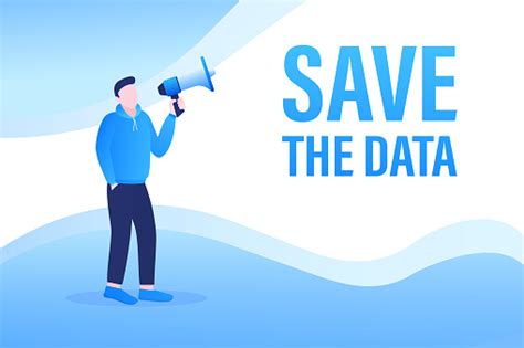 파란색템플릿은 전단지 디자인을 위해 흰색 배경에 메가폰을 들고 있는 데이터 맨을 저장합니다 플랫 스타일로 벡터 그림 개념에 대한