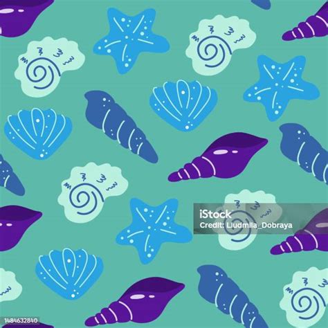 조개껍데기와 불가사리 매끄러운 패턴 배경 벡터 그림 귀여운 수생 해양 생물 월페이퍼 인사말 초대장 포장지 섬유 결혼식 및 웹 디자인에 적합 귀여운에 대한 스톡 벡터 아트 및