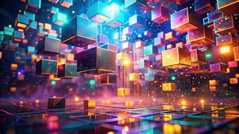 A Retrofuture Vision Glowing Particles Dance Around Abstract Floating Cubes In A Digital Cosmos