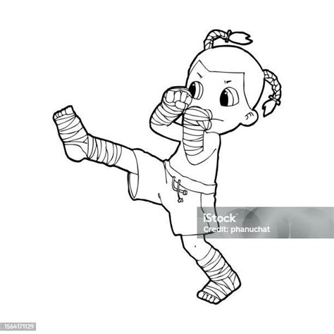 무에타이 킥복싱 타이 복싱 귀여운 아이 싸움 액션 만화 낙서 벡터 그림 흰색 배경 권투 선수에 대한 스톡 벡터 아트 및 기타