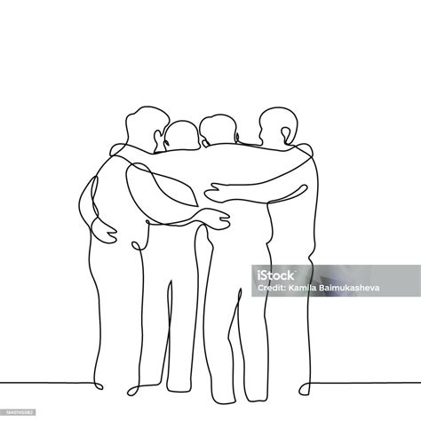 서서 포옹하는 사람들의 전체 길이 군중 하나의 라인 아트 벡터 친구의 개념 그룹 팀 입찰 라인아트에 대한 스톡 벡터 아트 및